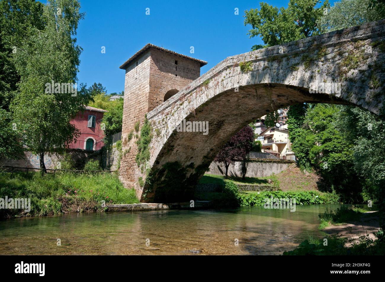 St Francis Bridge over the Aniene river, Subiaco, Lazio, Italy Stock ...