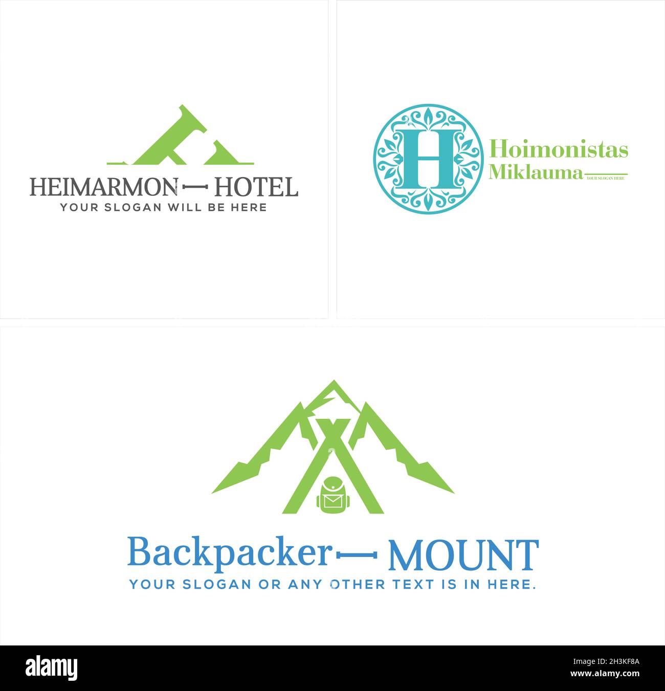 Modern initial letter H hotel and mountain backpacker logo design Stock ...