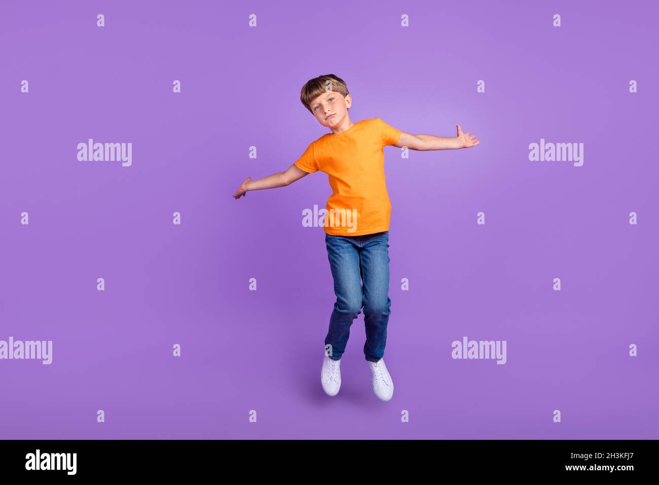 Full length body size photo boy jumping up casual clothes isolated ...