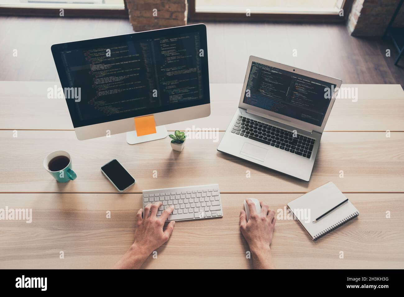Cropped photo of young man hands use keyboard mouth pc computer monitor ...