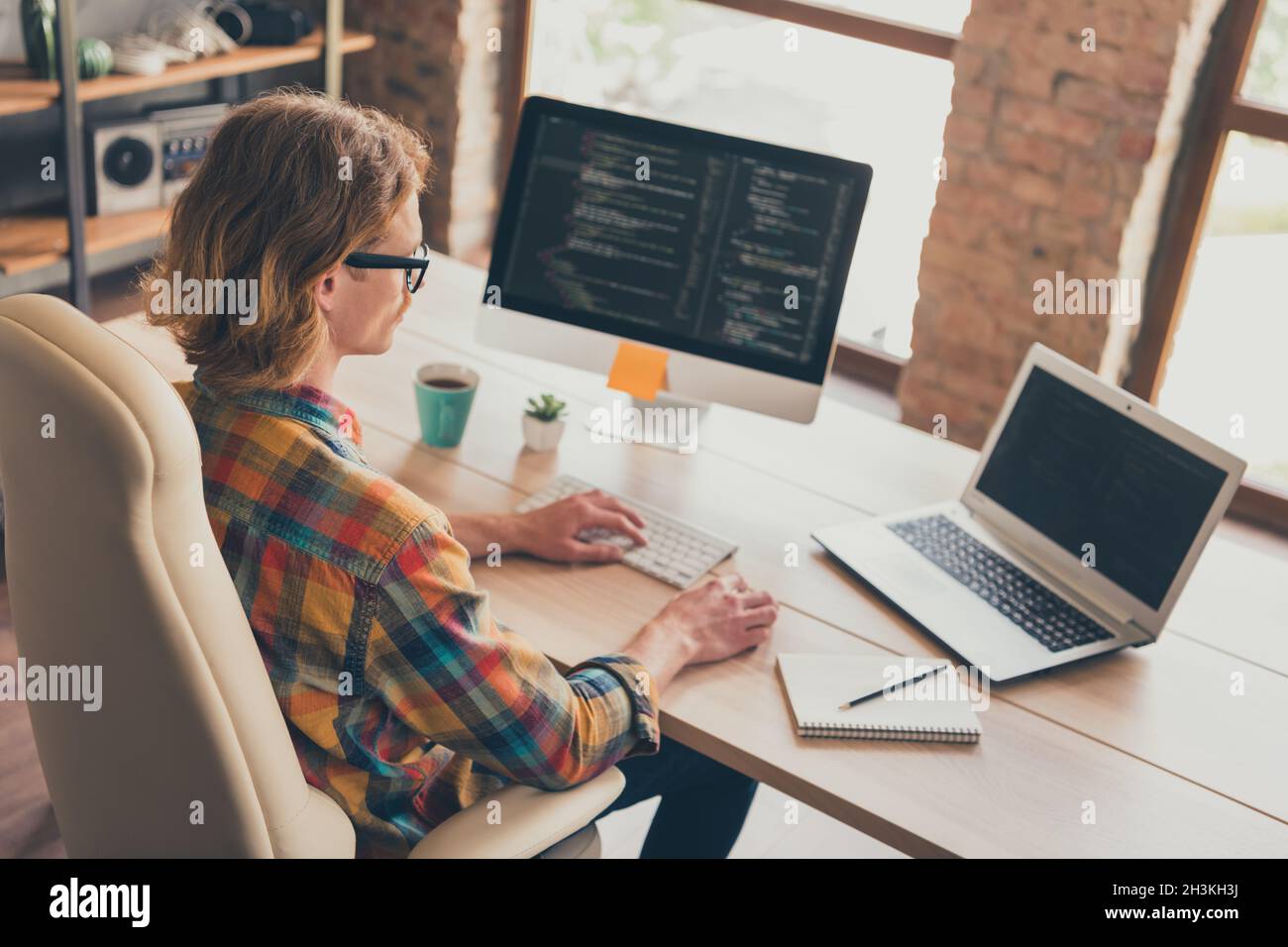 Profile side photo of young man programmer type laptop coder cyber ...