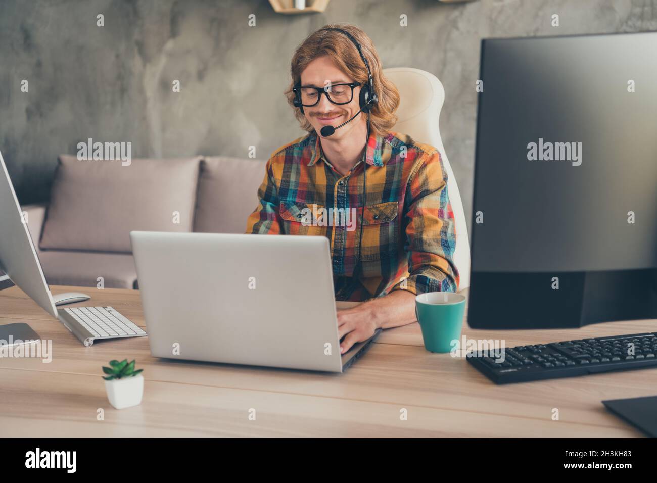 Photo of young guy happy positive smile wear headphones type computer ...