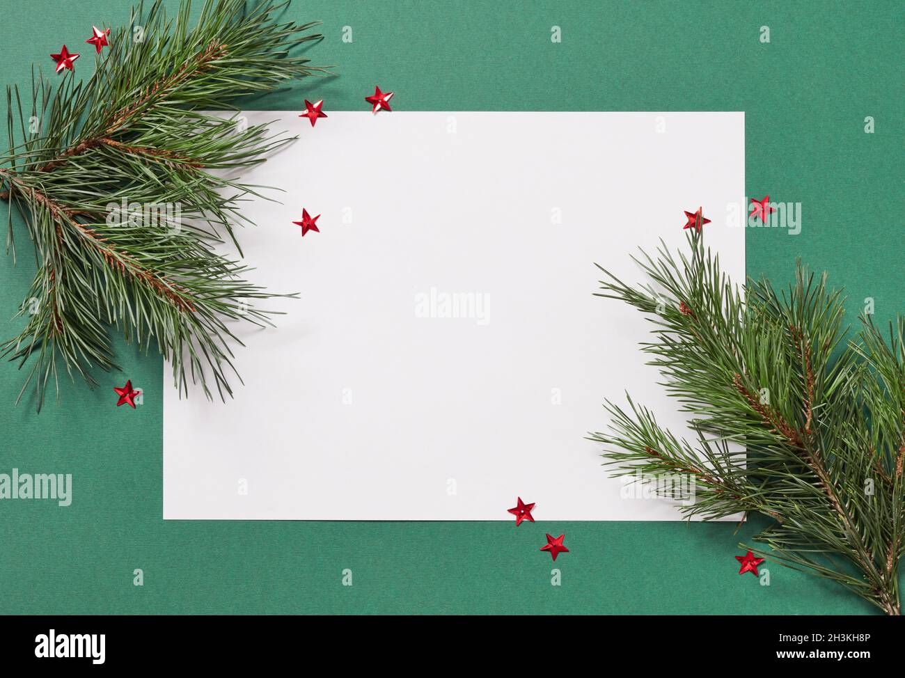 Fir tree branches and blank paper on green background Stock Photo - Alamy