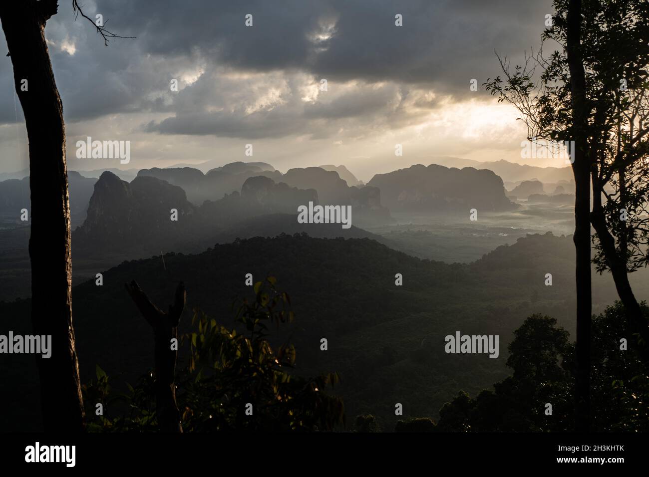 Aerial view of beautiful landscape with mountains and valley over sky ...
