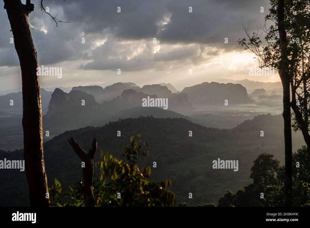 Aerial view of beautiful landscape with mountains and valley over sky ...