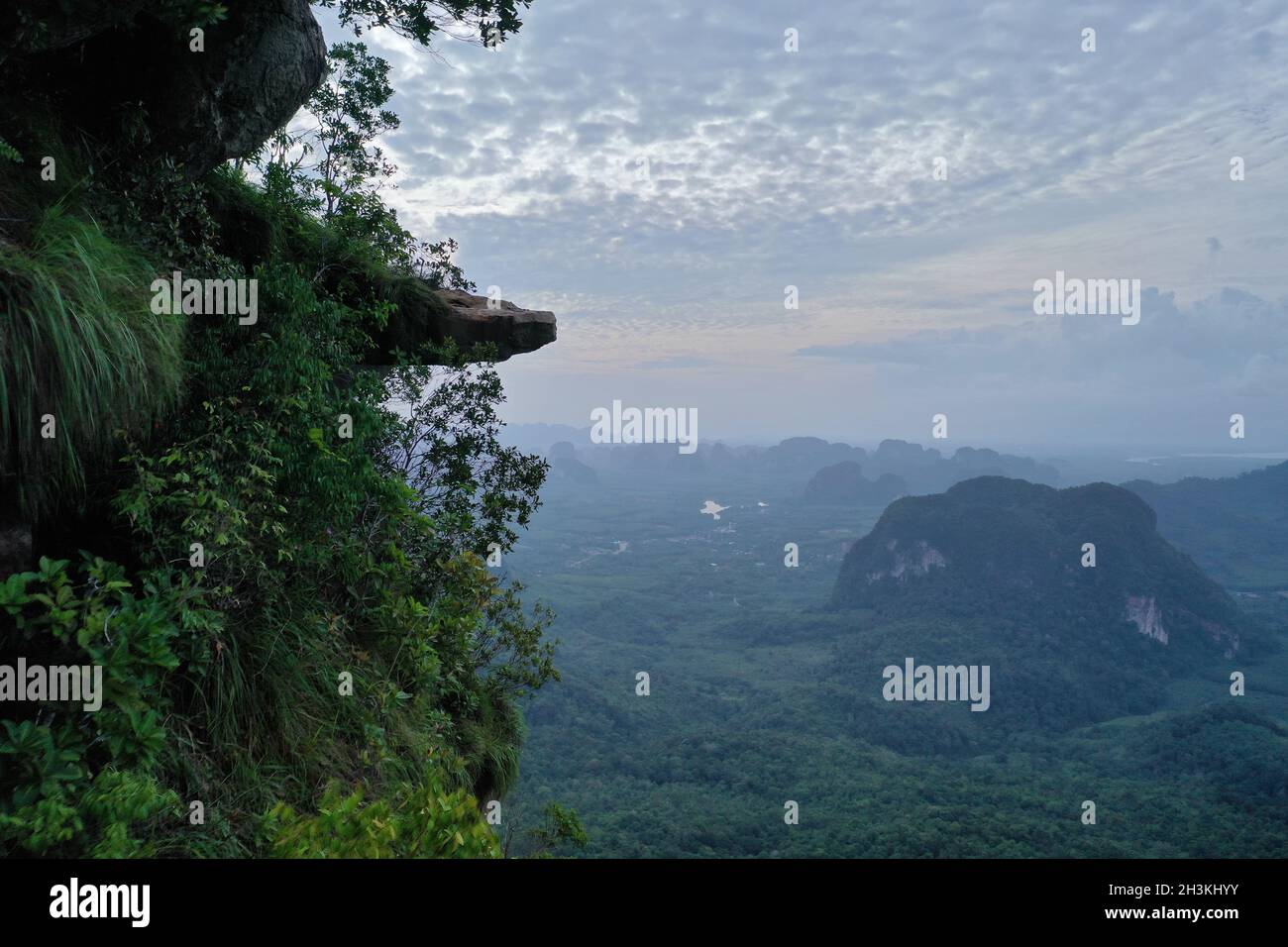 Aerial view of beautiful rocky mountain view point over valley and sky ...