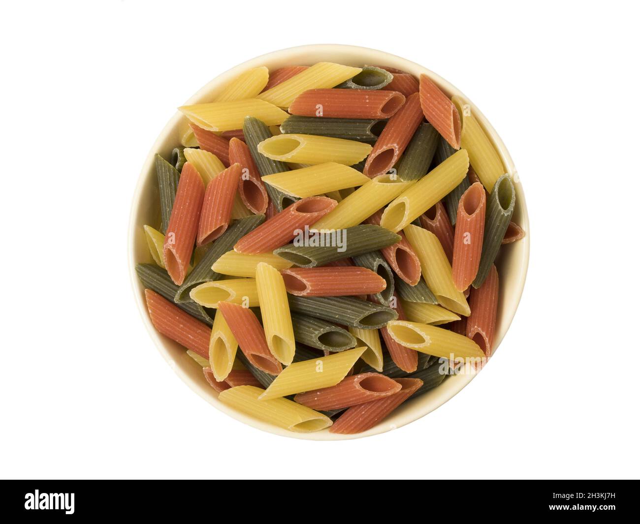 Tri-color penne pasta. Tomato, spinach and wheat pastas. Top view Stock ...