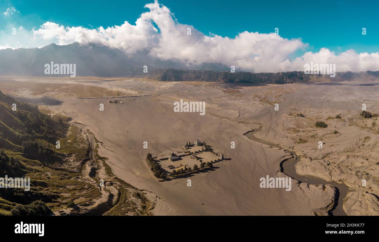 Cinematic shot aerial view of Pura Luhur Poten hindu temple near Mount ...