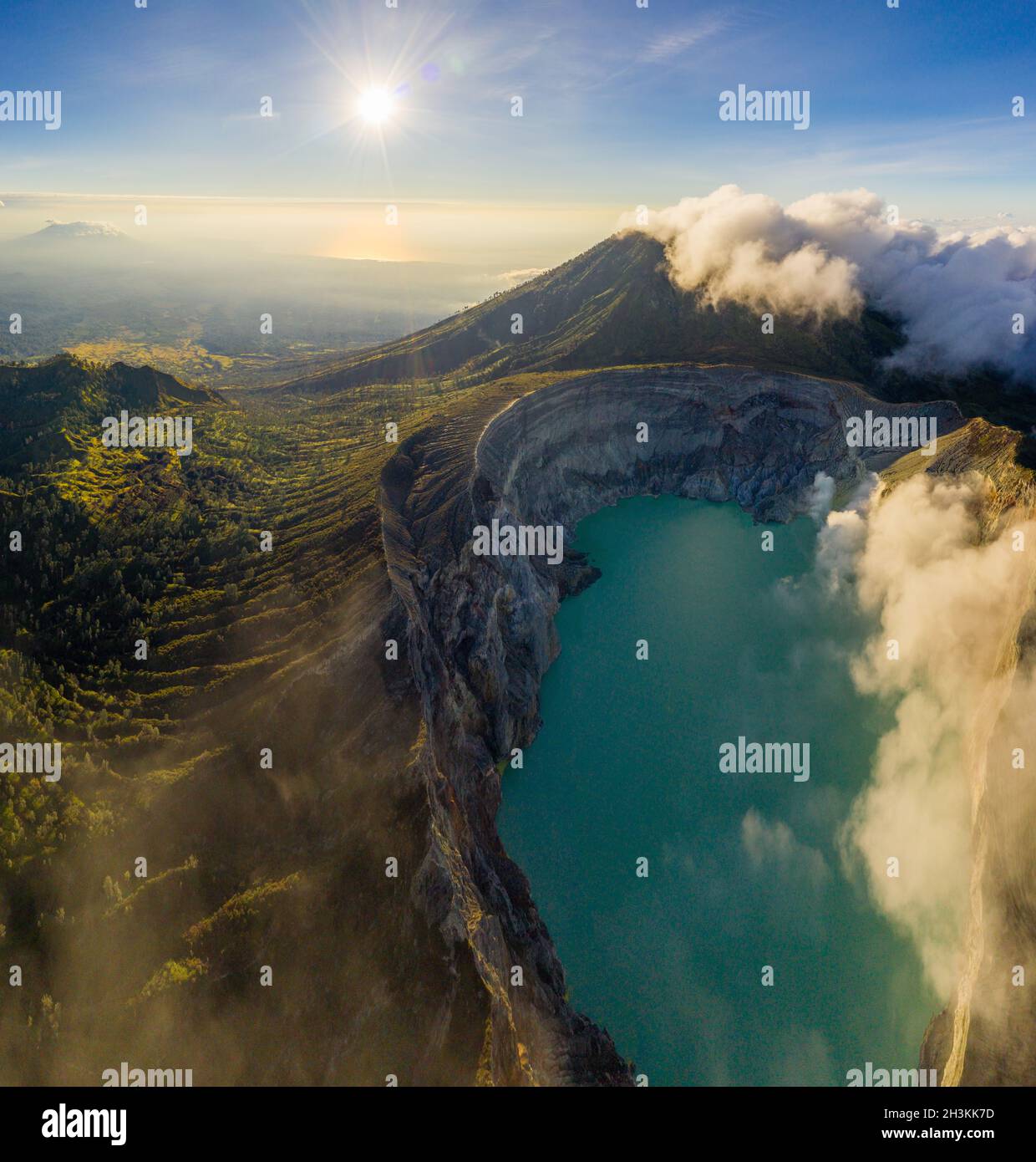 Aerial view of beautiful Ijen volcano with acid lake and sulfur gas ...