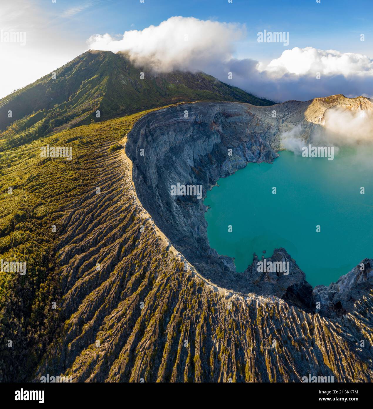 Aerial view of beautiful Ijen volcano with acid lake and sulfur gas ...