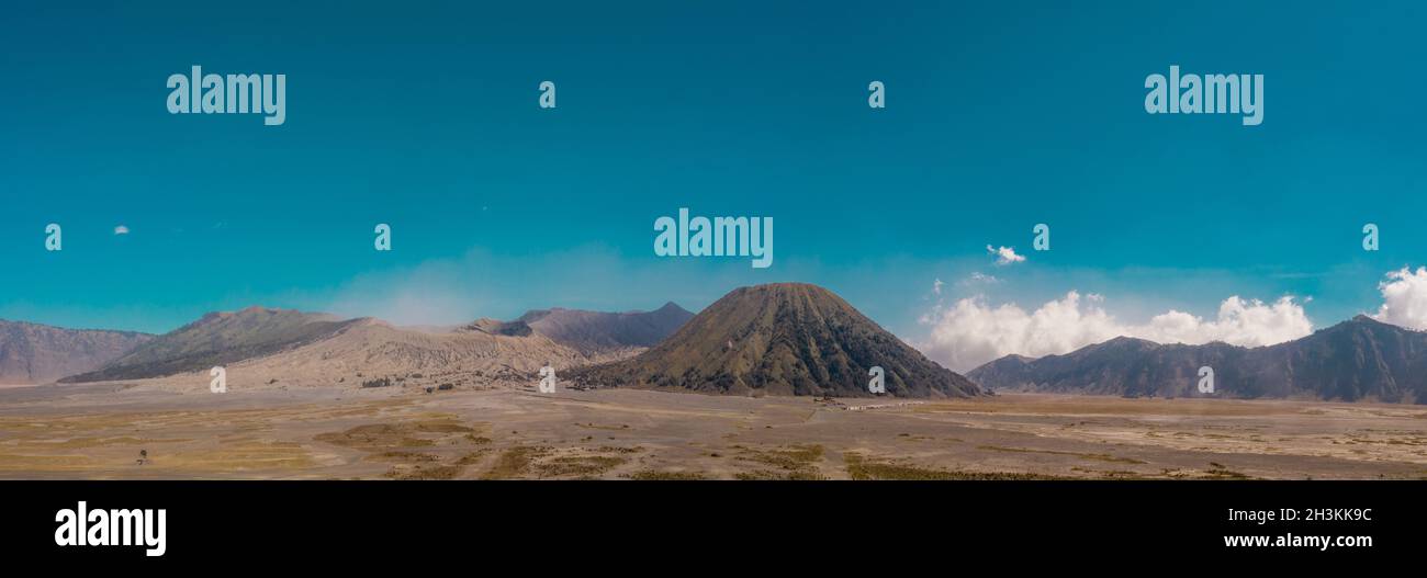 Cinematic shot aerial panorama of beautiful Mount Bromo volcano with ...