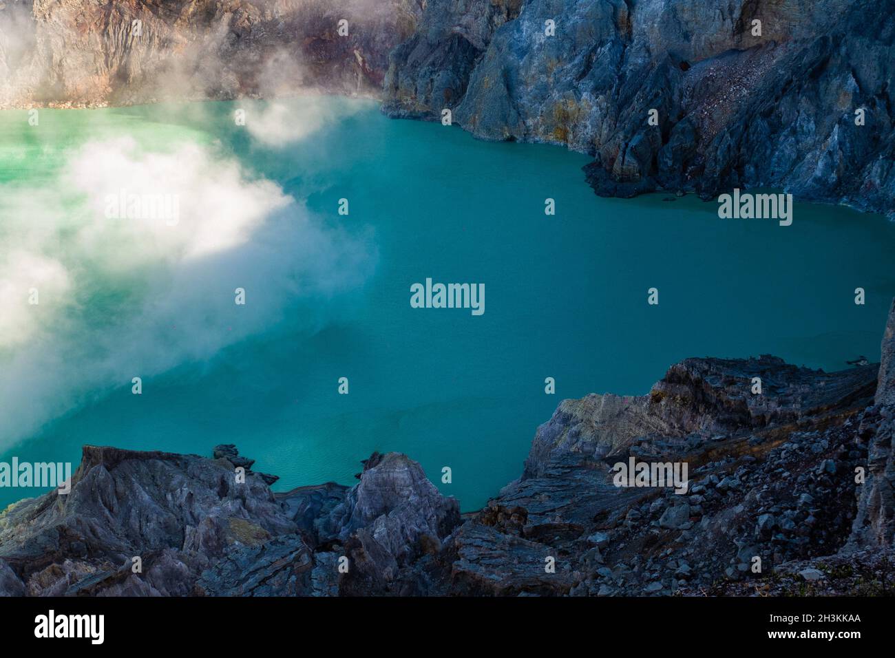 Aerial view of beautiful Ijen volcano with acid lake and sulfur gas ...