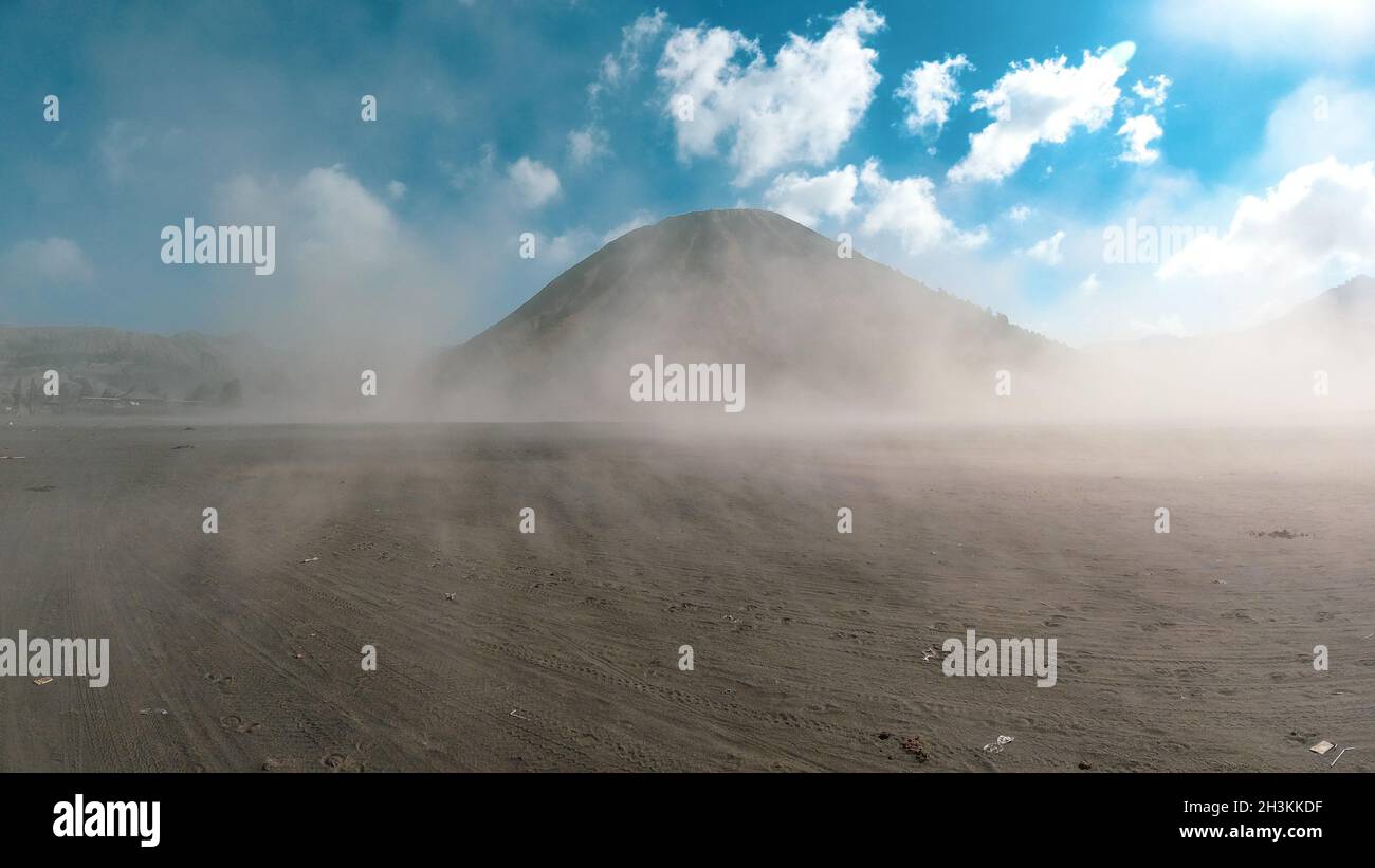 Cinematic panorama of beautiful Mount Bromo volcano with desert in East ...