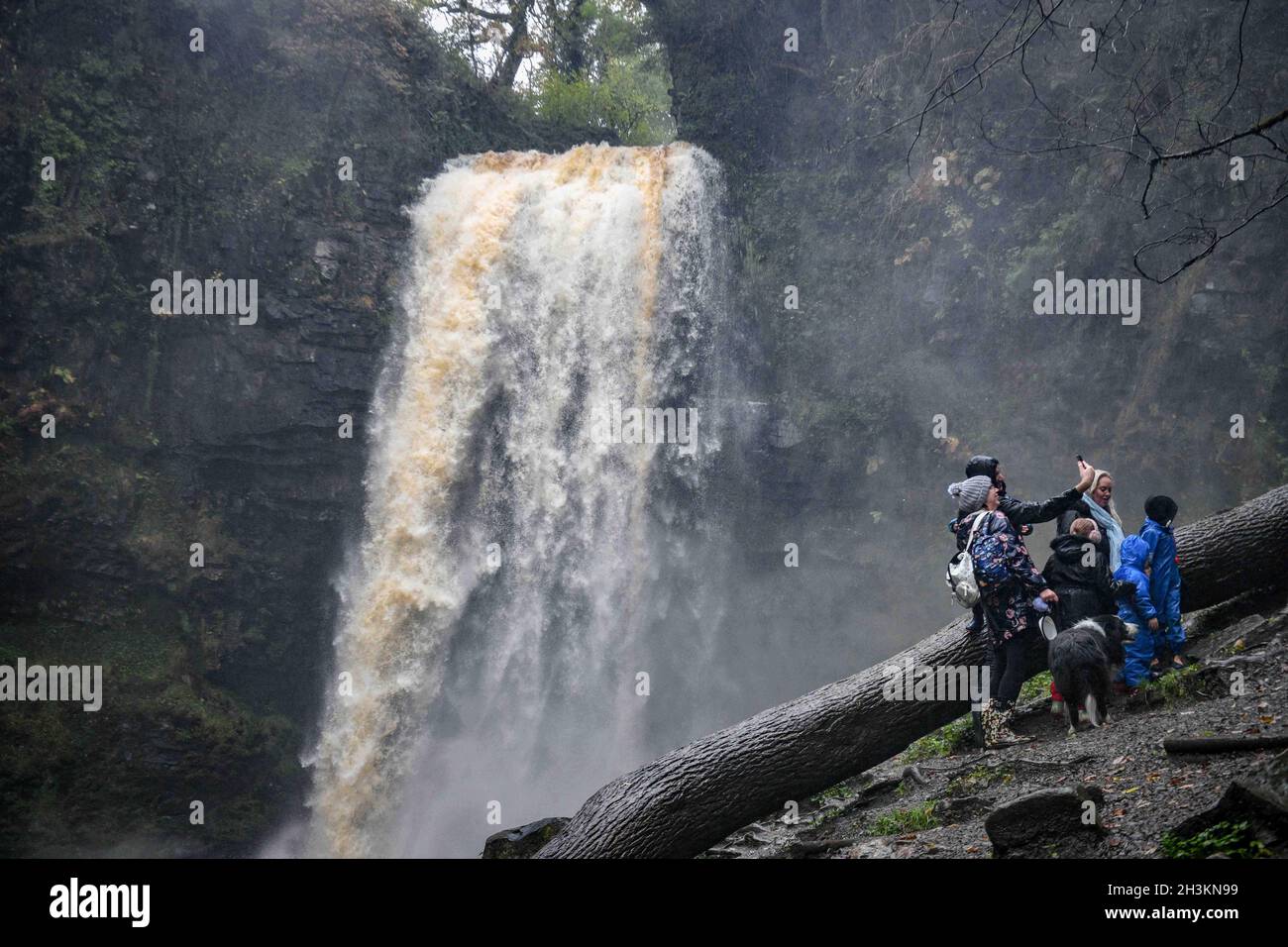 A family stop for a selfie at Henryd Falls in the Brecon Beacons, Wales ...