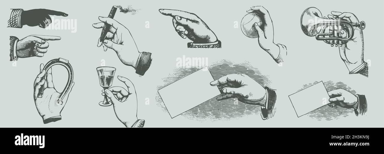 Classic hand gestures and hand holding objects. Vintage engraving ...