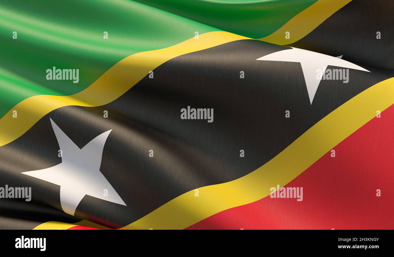 High resolution close-up flag of Saint Kitts and Nevis. 3D illustration ...