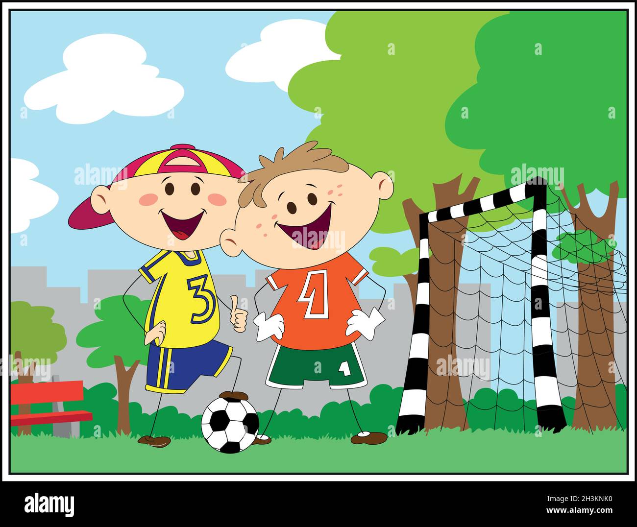 Cute footballer kids standing at the goalposts Stock Vector Image & Art ...