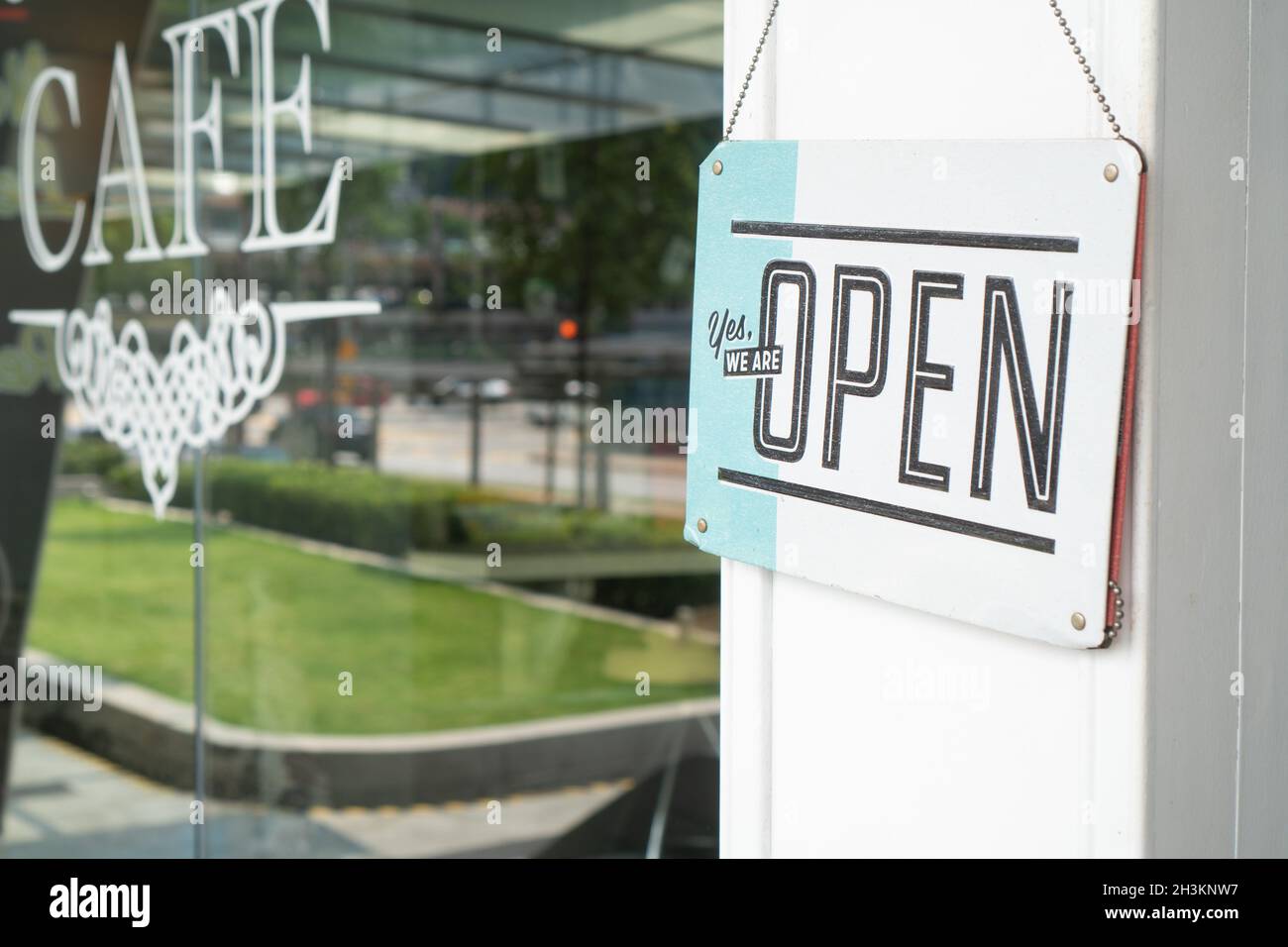 OPEN sign on street cafe Stock Photo - Alamy