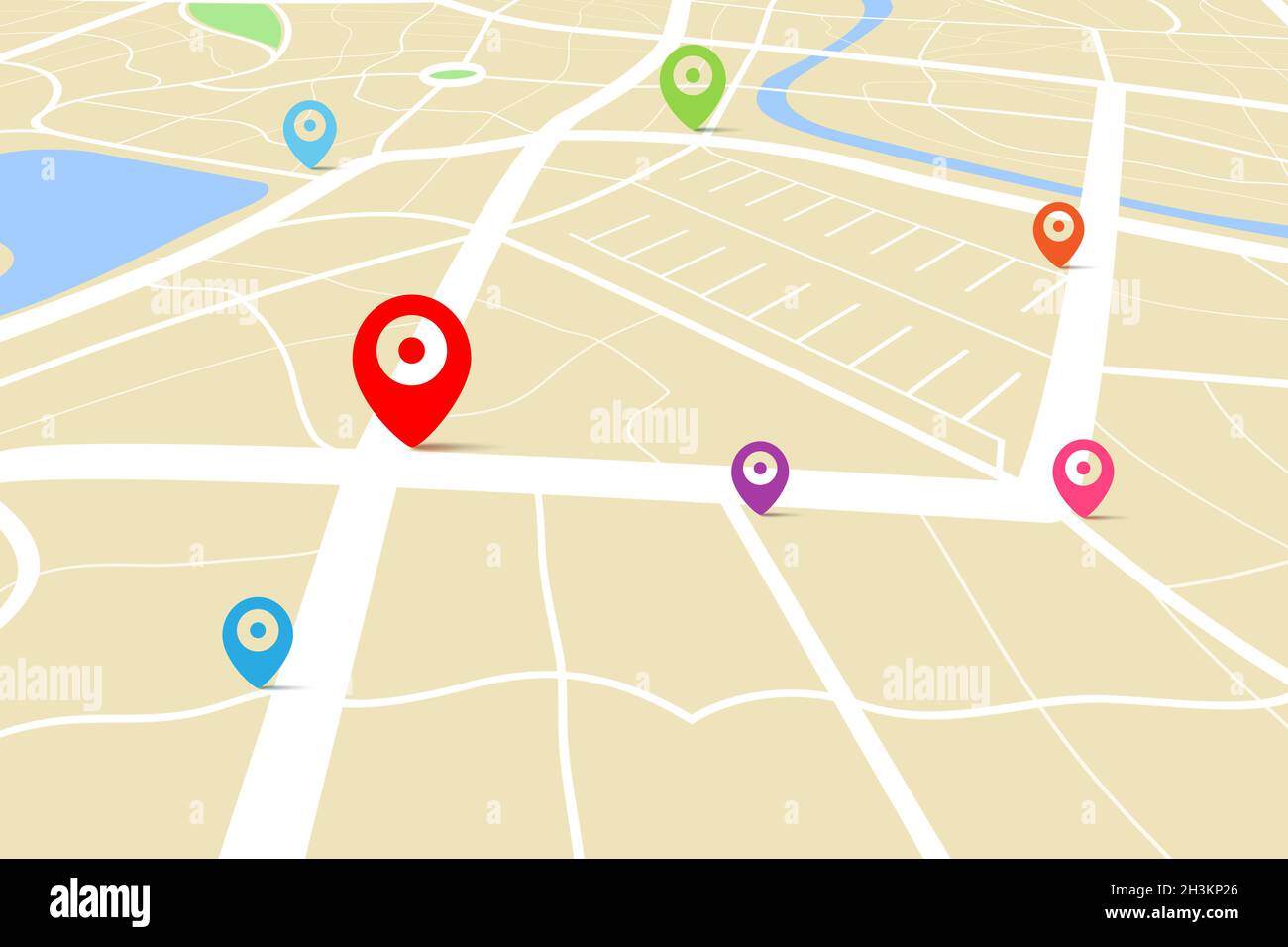 3D top view of a map with destination location point, Aerial clean top ...