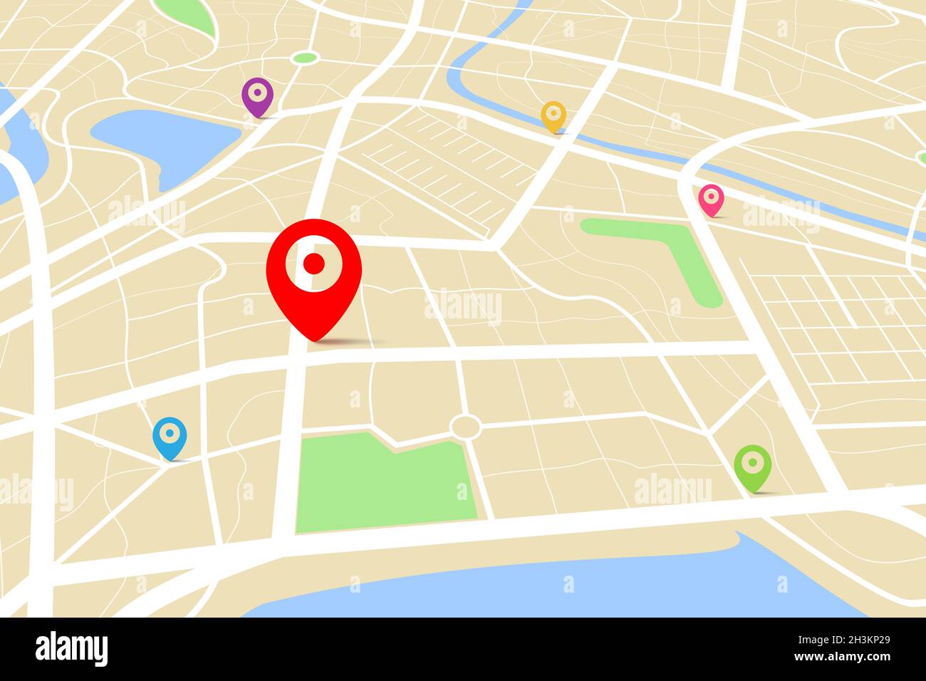 3D top view of a map with destination location point, Aerial clean top ...
