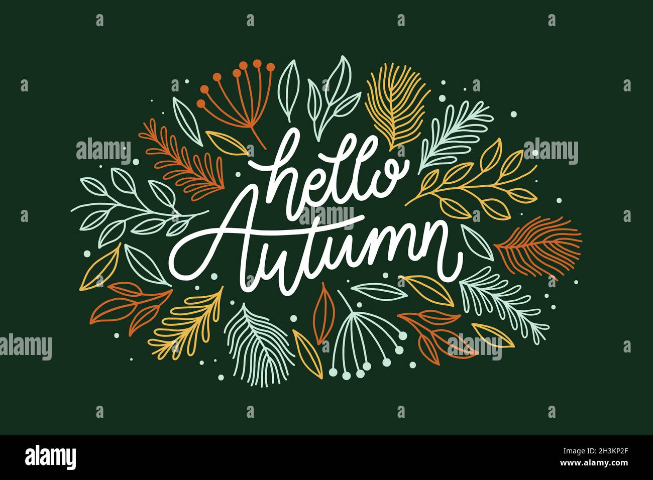 hello autumn lettering background with leaves vector design ...