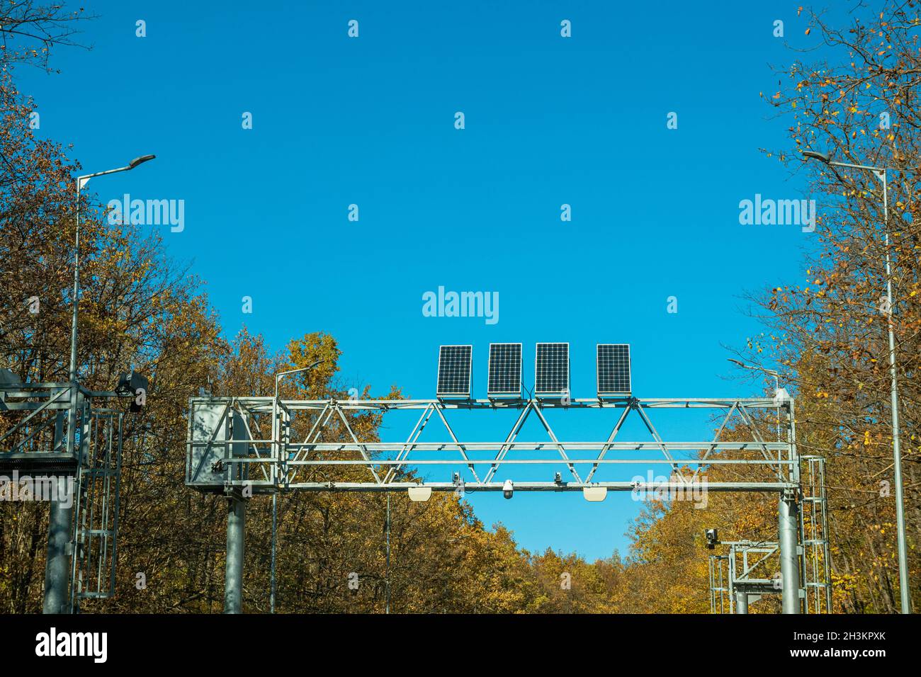 Road post with speed cameras, weight control and solar panels. The ...