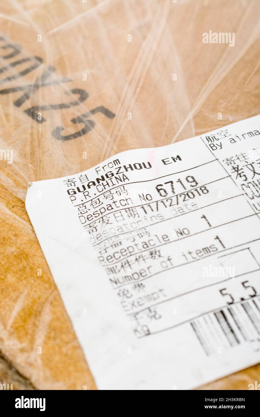 Chinese export shipping label (to Coventry UK) on packaging. For ...