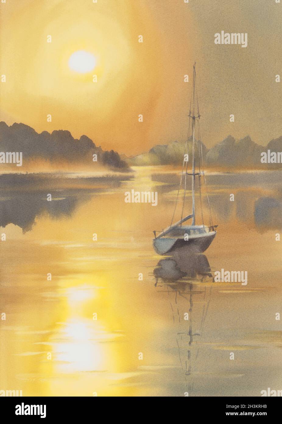 Evening mist by the lake with clouds and a ship watercolor background ...