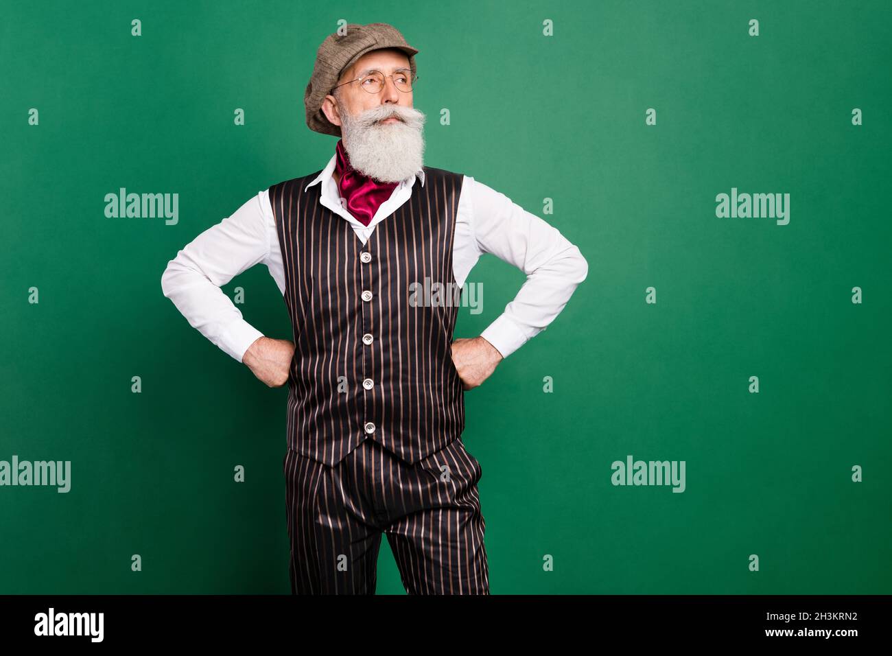 Photo of minded pensive detective think ideas look empty space wear hat ...