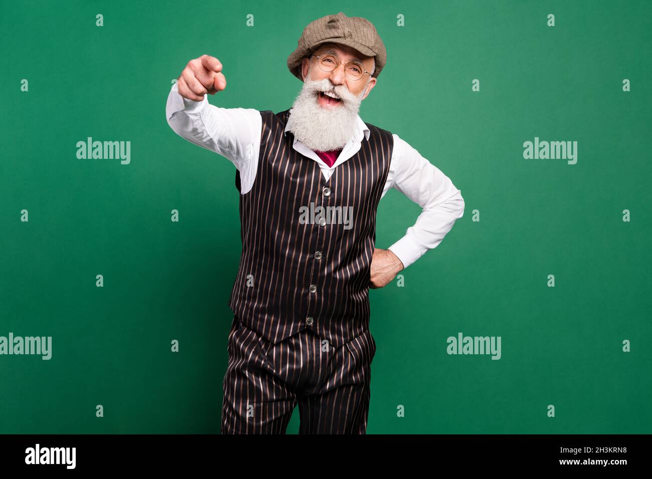 Photo of crazy eccentric detective direct finger you wear cap glasses ...