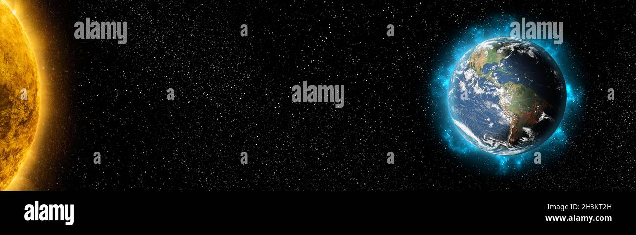 Sun star and planet earth in space front view. Cosmic background.Solar ...