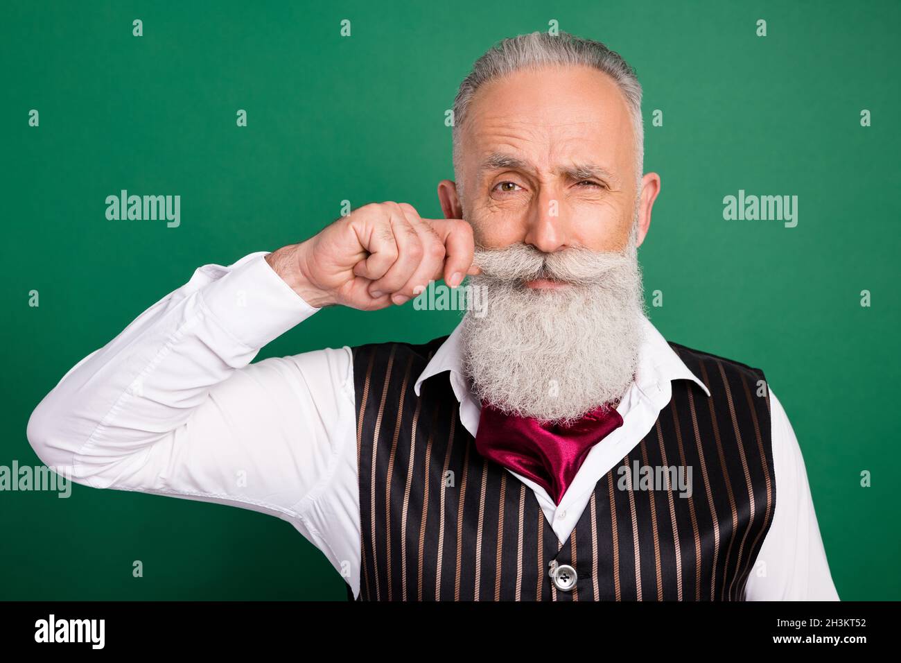 Photo of aged handsome rich man hand touch mustache barber shop ...