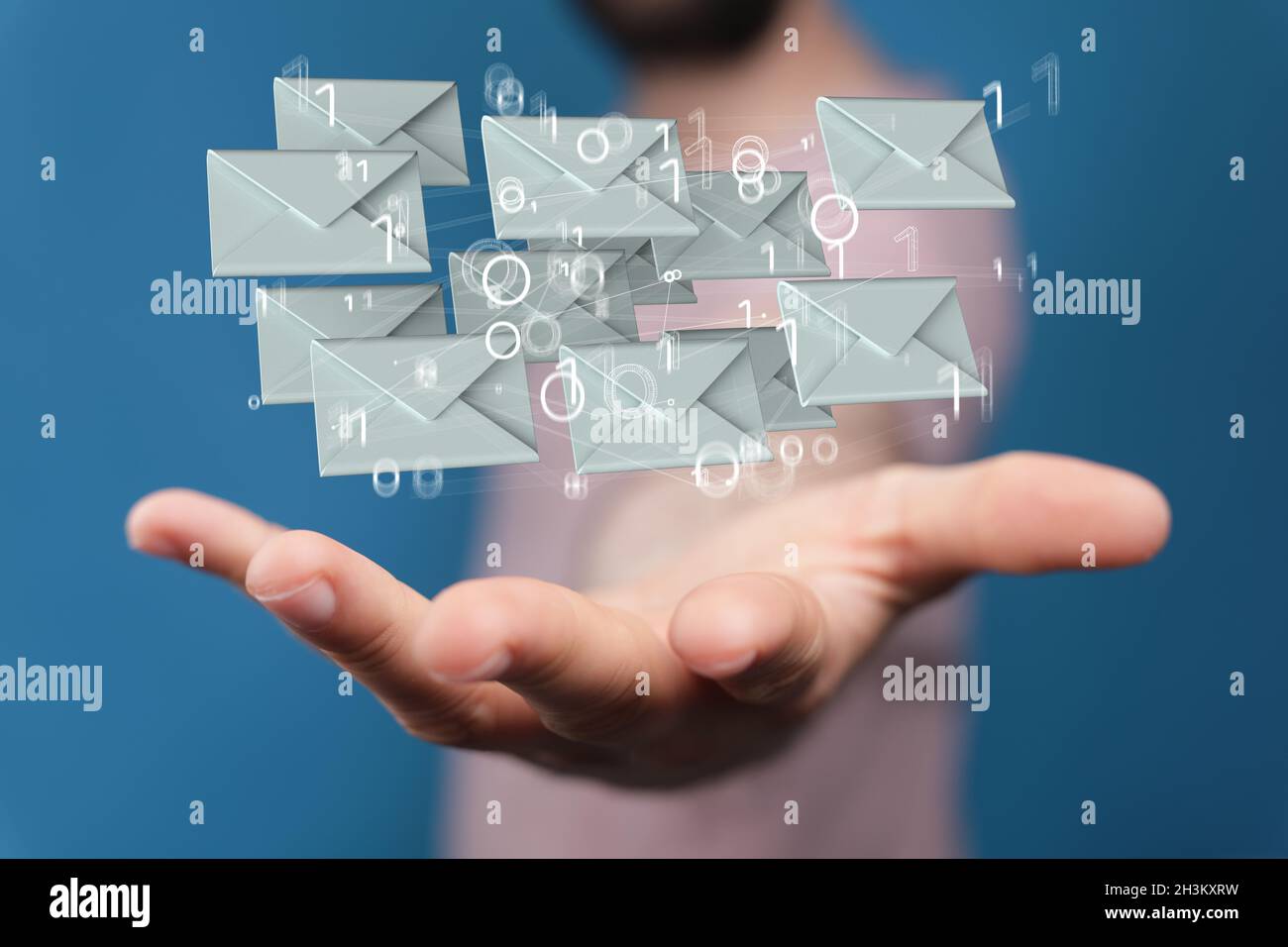 3D rendering of floating email icons on a man's hand - Concept of ...