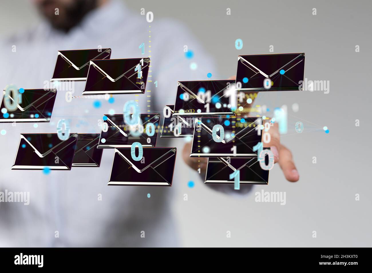 3D rendering of a man pointing at floating email icons - Concept of ...
