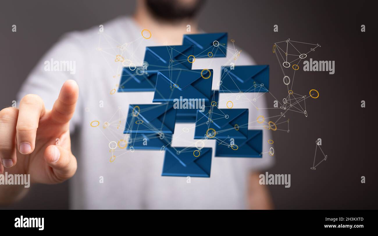 3D rendering of a man pointing at floating email icons - Concept of ...