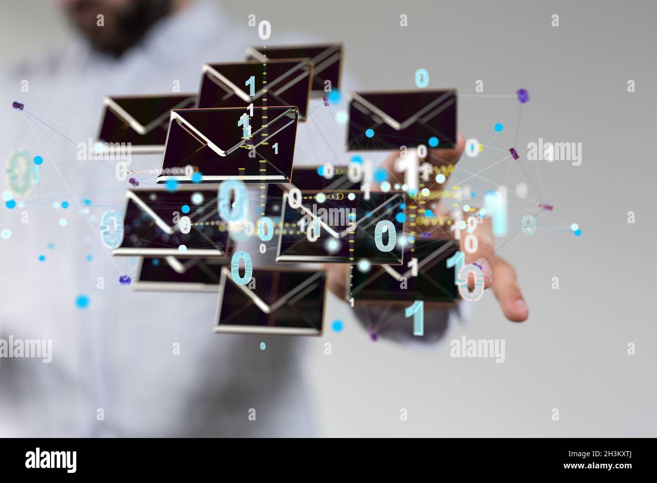 3D rendering of a man pointing at floating email icons - Concept of ...