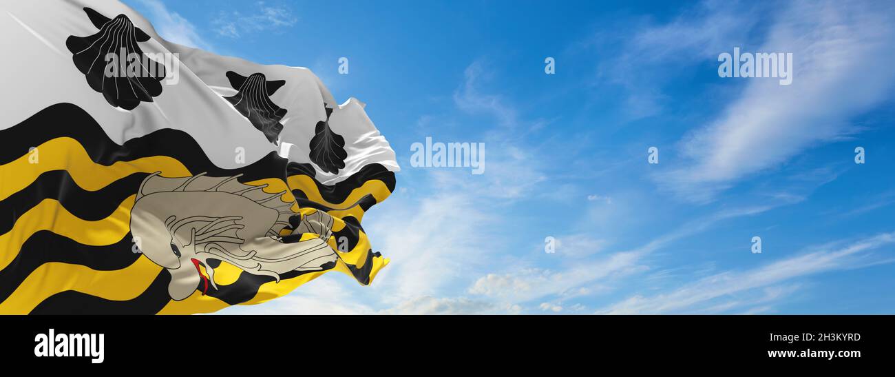 flag of Poole town at cloudy sky background on sunset. panoramic view ...