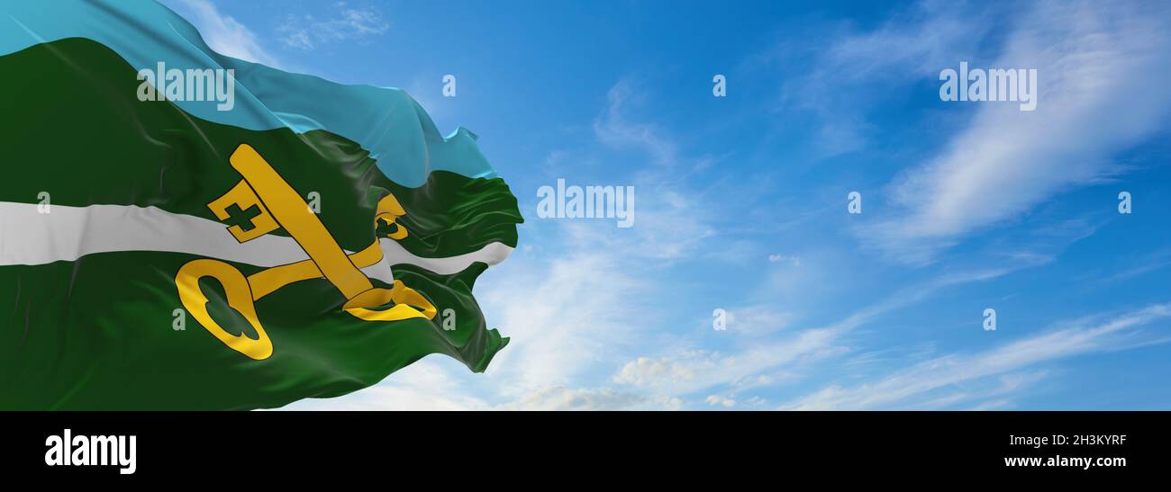 flag of Petersfield town at cloudy sky background on sunset. panoramic ...