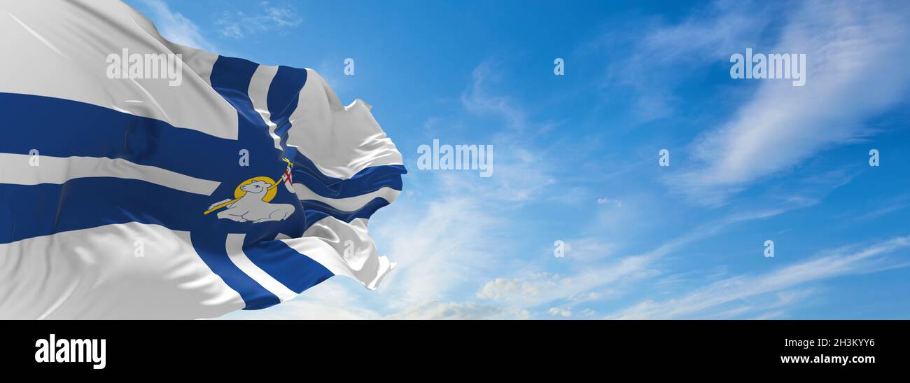 flag of Preston town at cloudy sky background on sunset. panoramic view ...