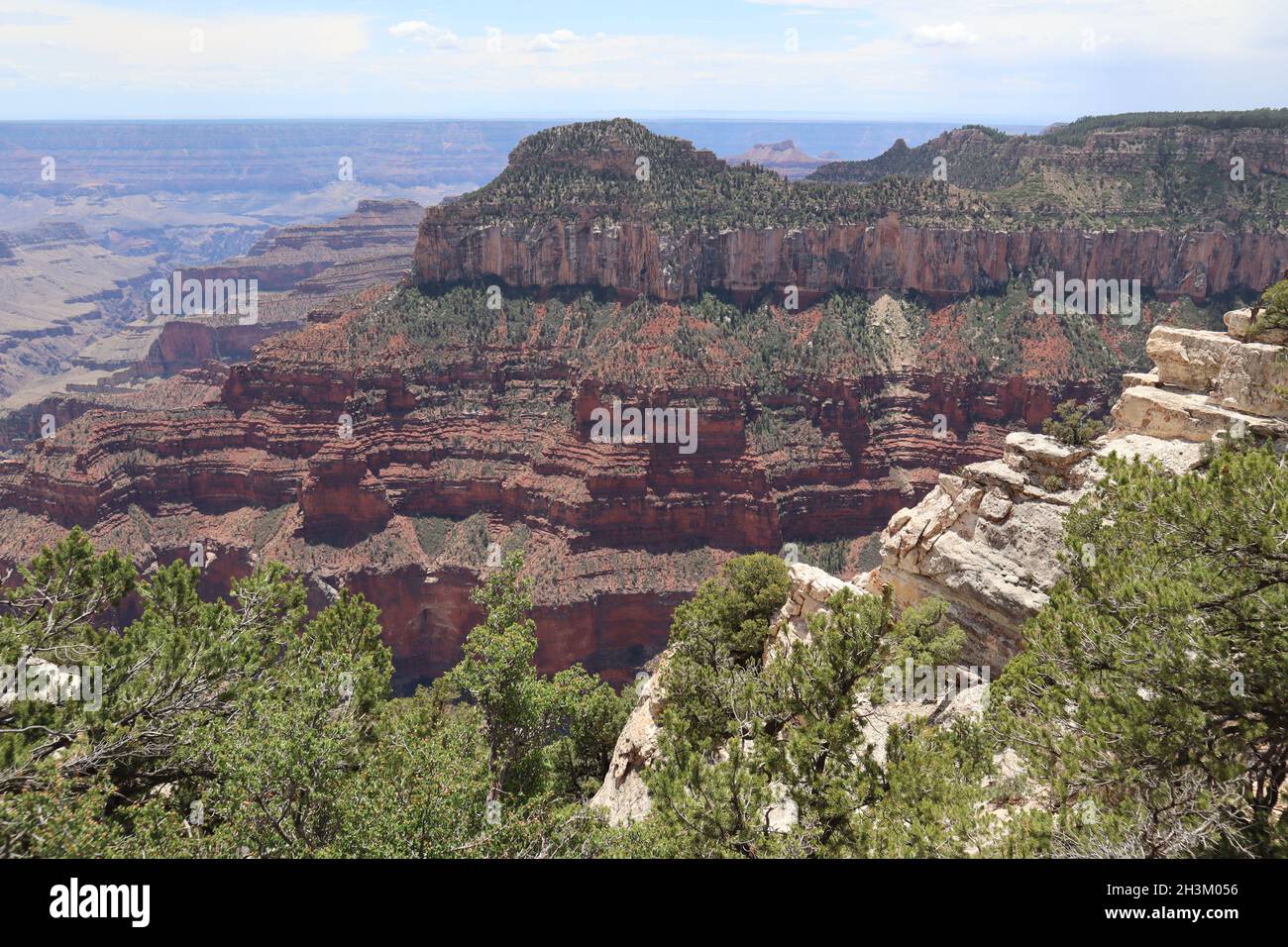Mesa among rugged layered red rocky desert landscape at the North Rim ...