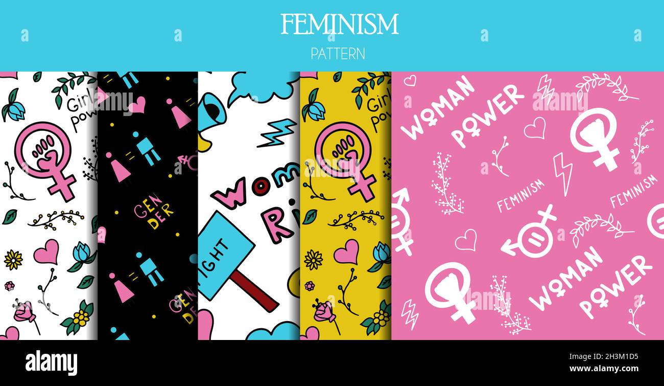 Set Of Seamless Patterns Doodle Signs Of Feminism Women S Rights