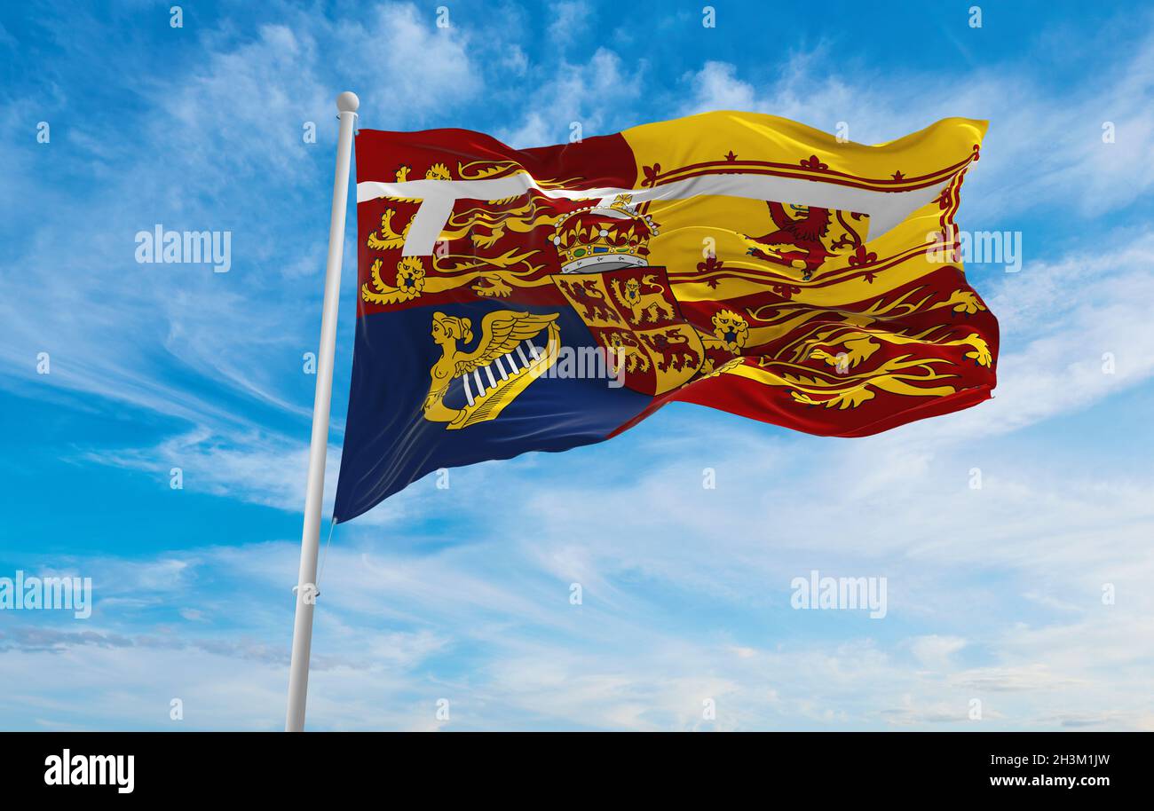 flag of Royal Standard of the Prince of Wales at cloudy sky background ...