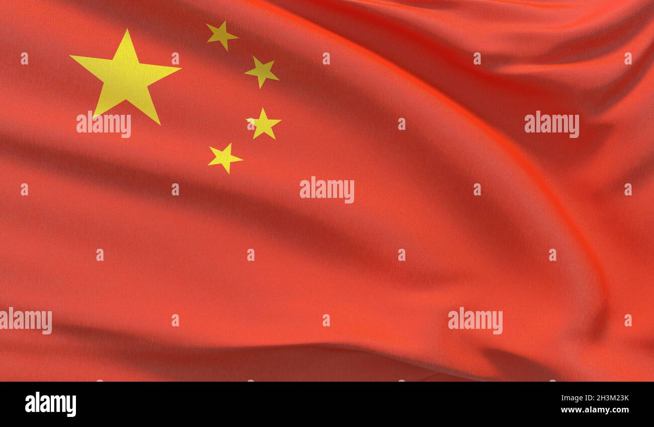 Waving national flag of China. Waved highly detailed close-up 3D render ...