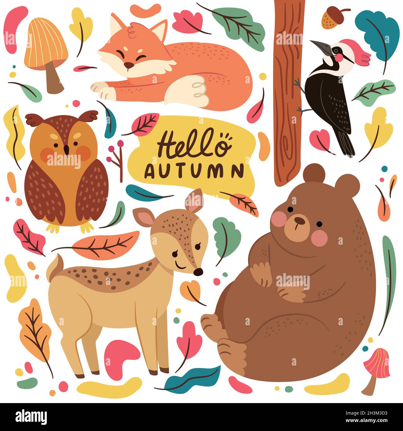 flat autumn forest animals vector design illustration Stock Vector ...