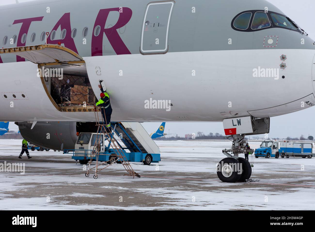 Ukraine, Kyiv - February 12, 2021: Passenger plane Qatar Airlines A7 ...