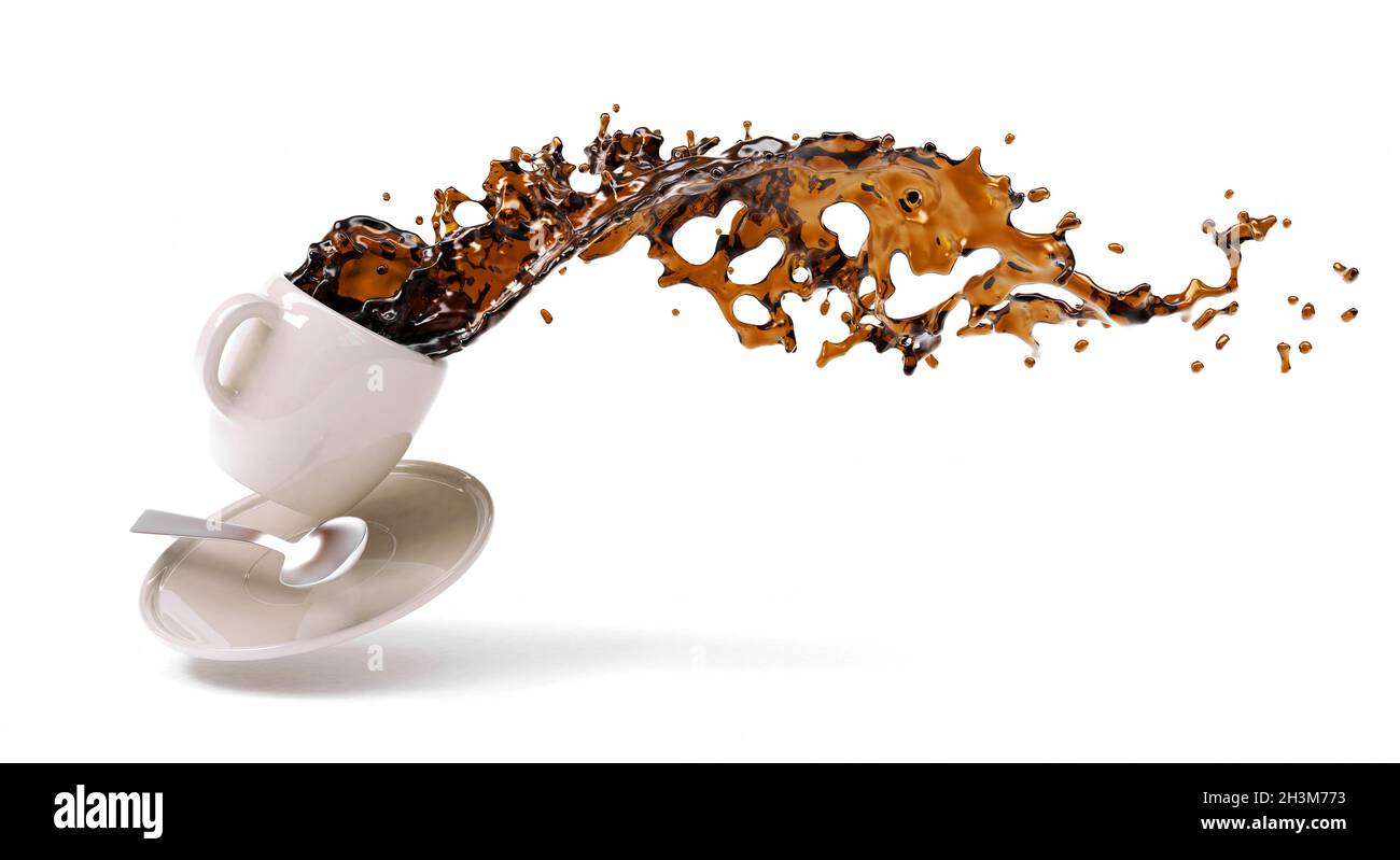 coffee spilling out of a mug isolated on white background Stock Photo ...