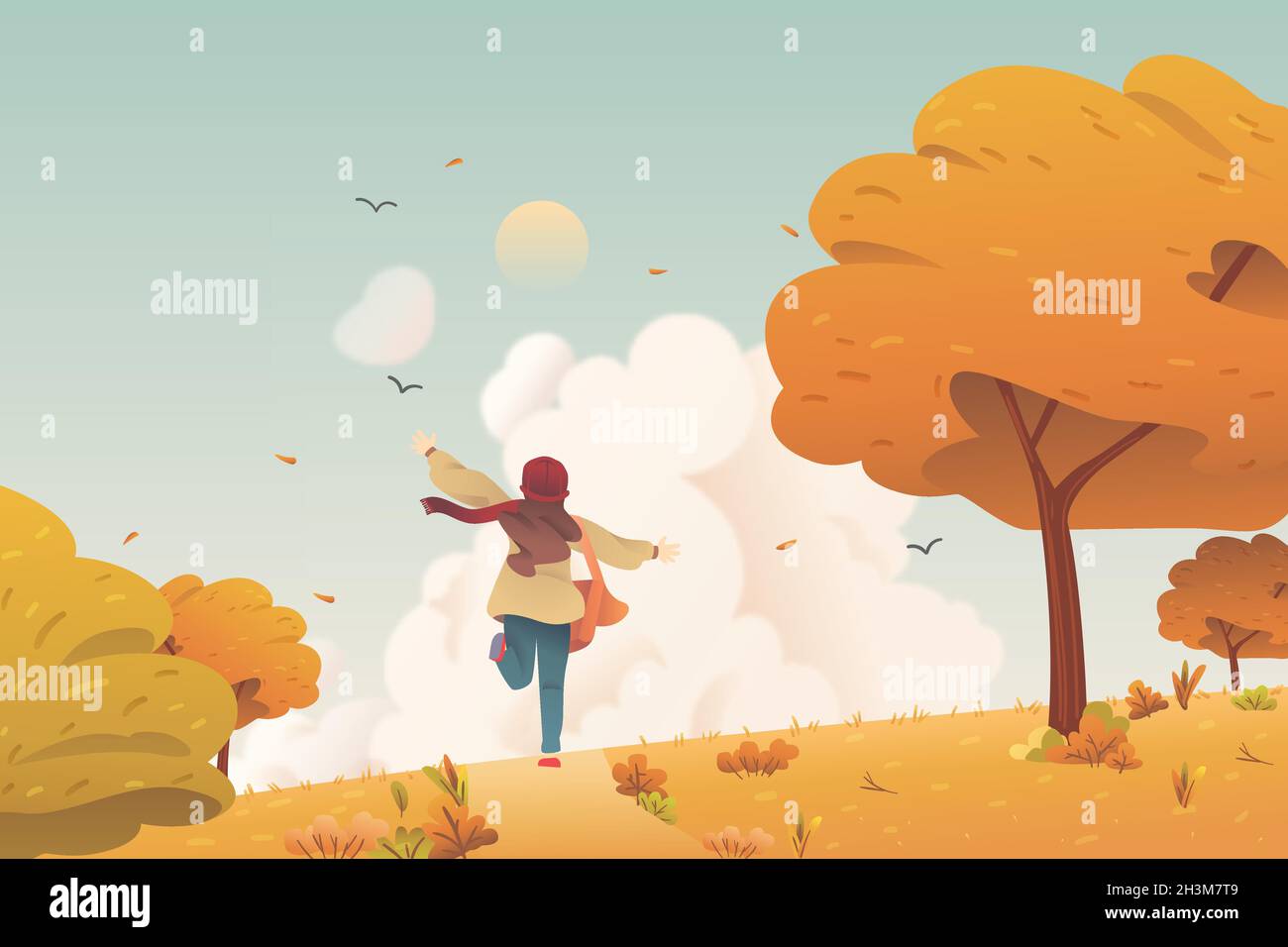 flat autumnal background with kid running vector design illustration ...