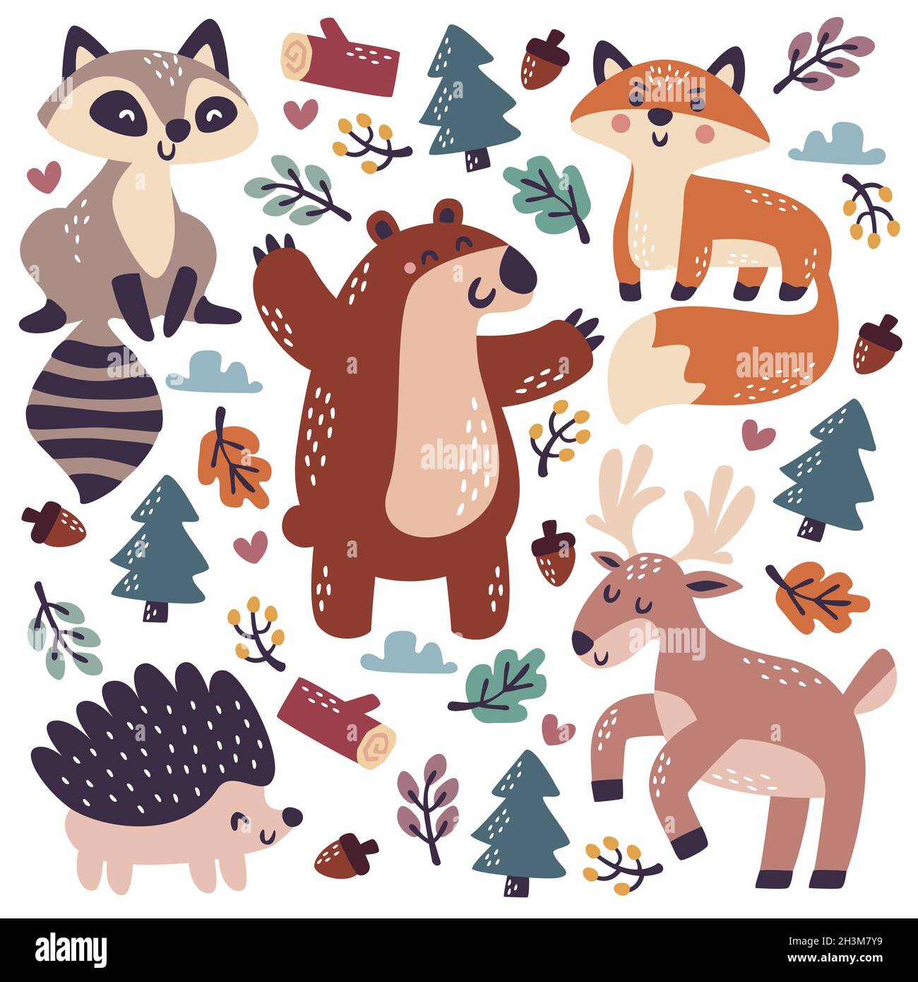 hand drawn autumn forest animals collection vector design illustration ...
