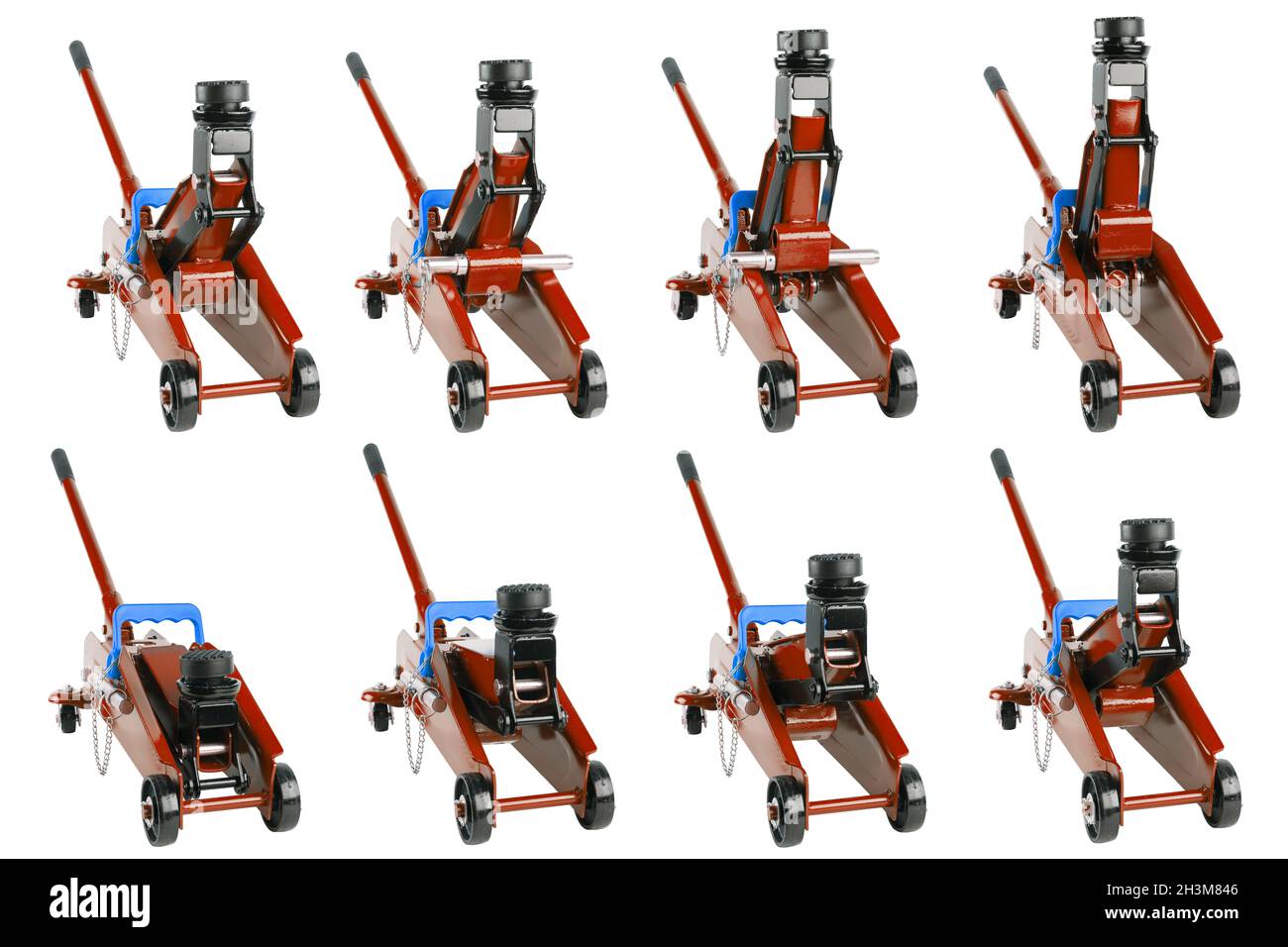 set of red isolated hydraulic car jacks on white background raised in ...