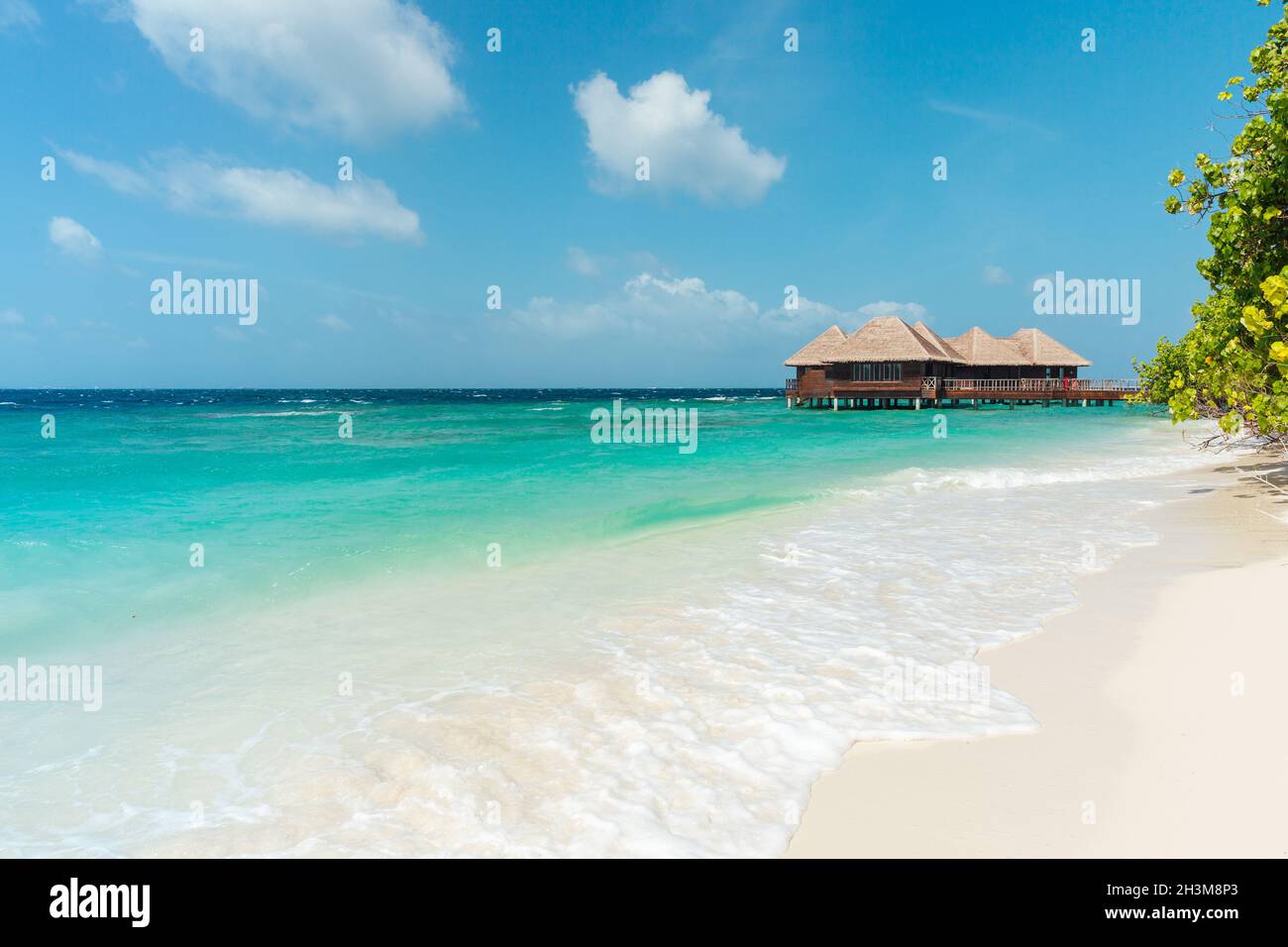 Paradise beach scene with white sand, ocean, and water bungalows ...